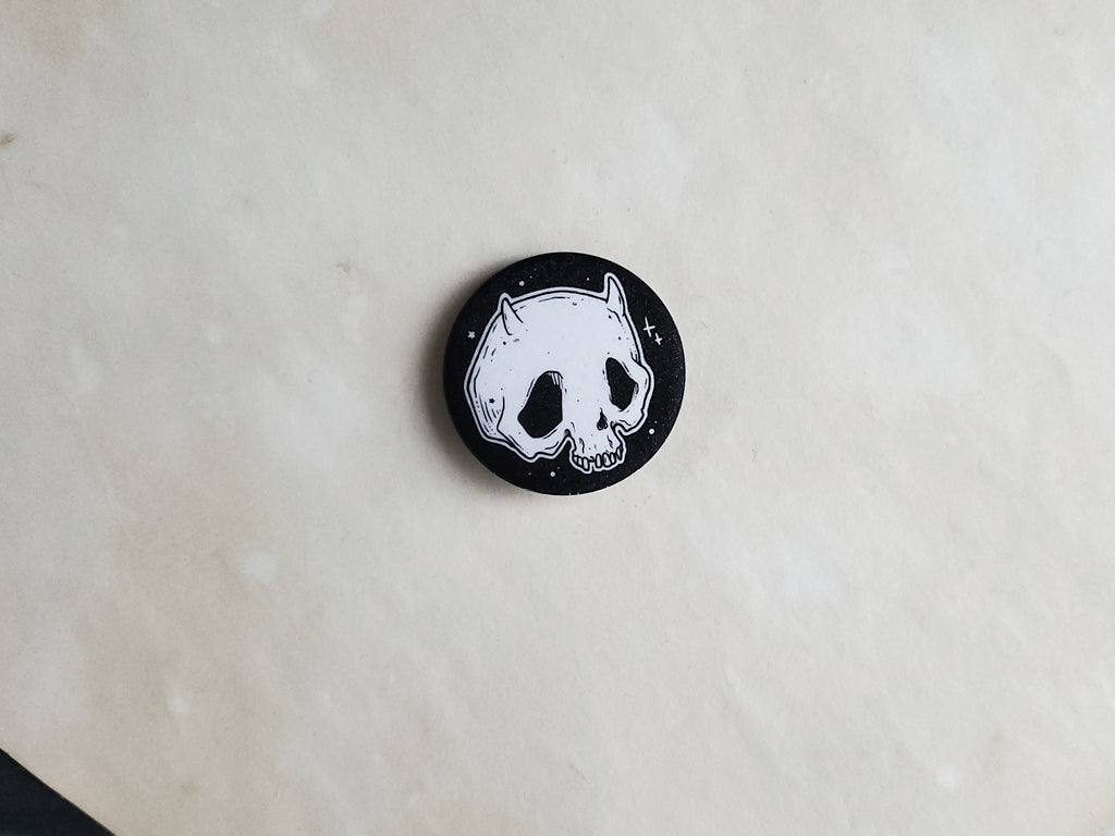 Devil Skull pin badge – Paper Haunt / White Stag Art