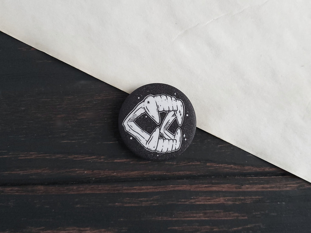 Vampire Fangs pin badge – Paper Haunt / White Stag Art