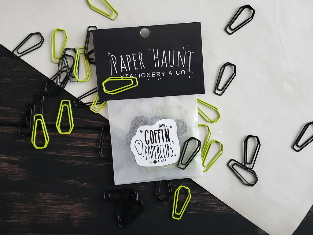 Green and Black Mini Coffin paperclips – Paper Haunt / White Stag Art