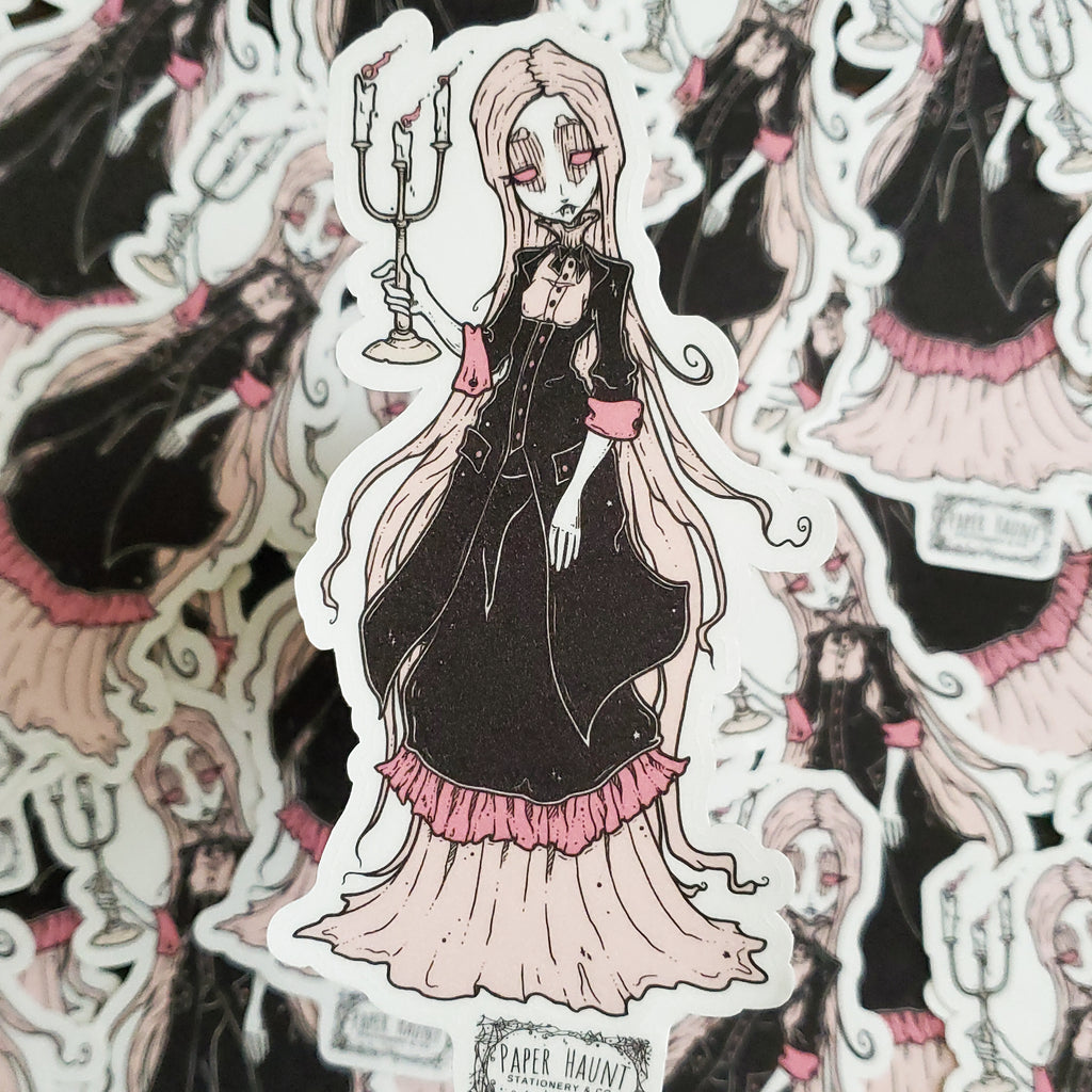 Vampire Girl STICKER- Candelabra – Paper Haunt / White Stag Art