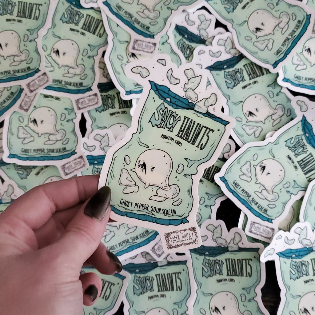 Spicy Haunted Chips Ghost Sticker – Paper Haunt / White Stag Art