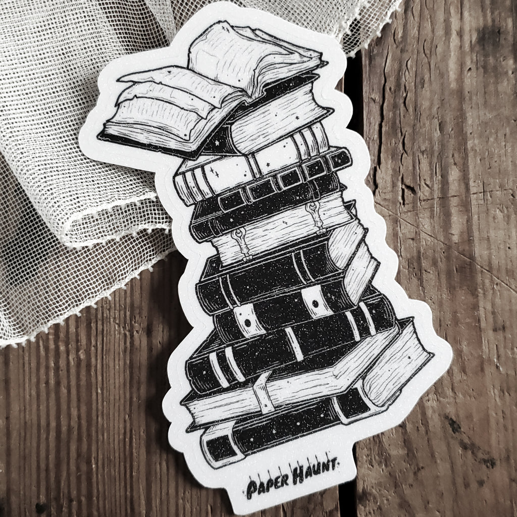 Book Stack Tower Vinyl Sticker – Paper Haunt / White Stag Art