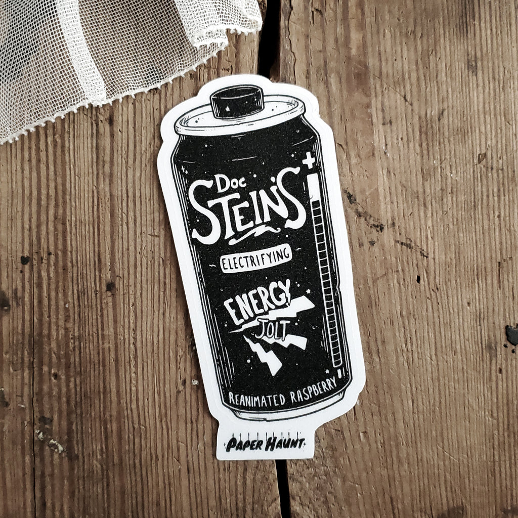 Frankenstein Energy Drink Soda Can Sticker – Paper Haunt / White Stag Art